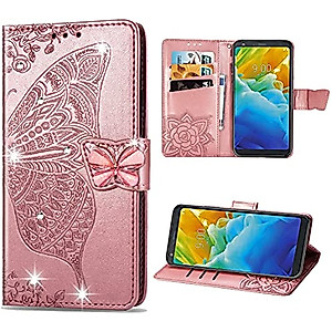 Ysnzaq Samsung Galaxy Z Fold3 5G Wallet Phone Case,3D Butterfly Embossed PU Leather Magnetic Clasp Case with Credit Card Slots Holder Cover for Samsung Galaxy Z Fold3 5G Rhinestone Rose Gold