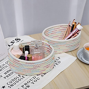 【2 Pack】ABenkle Small Woven Baskets, Tiny Oval Shallow Storage Baskets, Mini Cotton Rope Empty Decorative Basket, Boho Little Organizer Bins for Bathroom, Cat Dog Toy Gifts Baskets