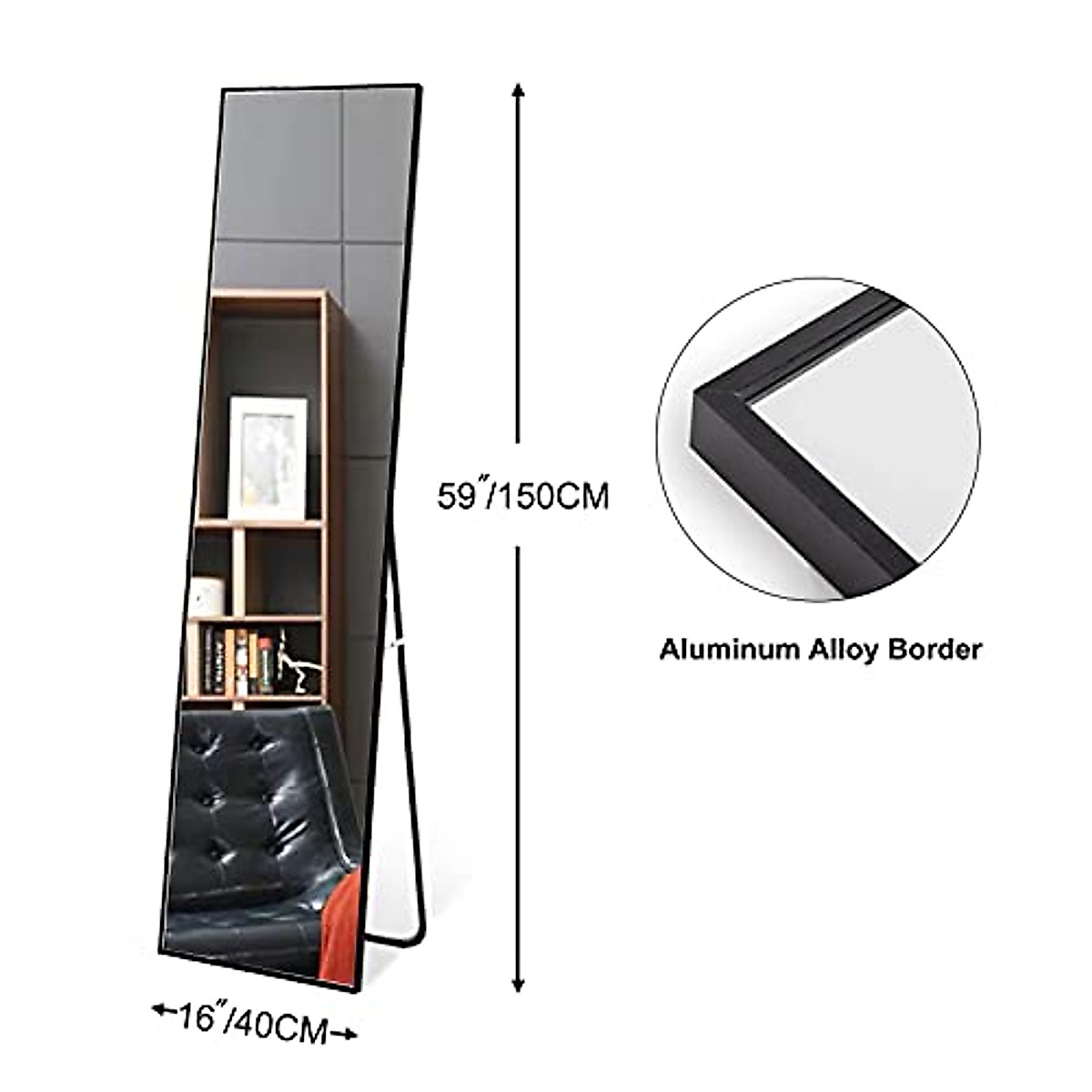 FLYMUHJIA Wall Mirror Full Length Full Body, Floor, Standing Mirror with Aluminum Alloy Thin Frame for Bedroom Living Room, 59” X16” Black