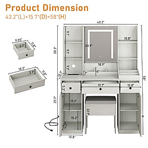 jiteentarou Farmhouse Vanity Desk w/Outlet & Stool, 11 Storage Shelves 3 Drawers 2 Big Cabinets, 43" White Vanity Table Make up Desk w/Mirror and Lights, Rustic LED Vanity Set for Women, Girls
