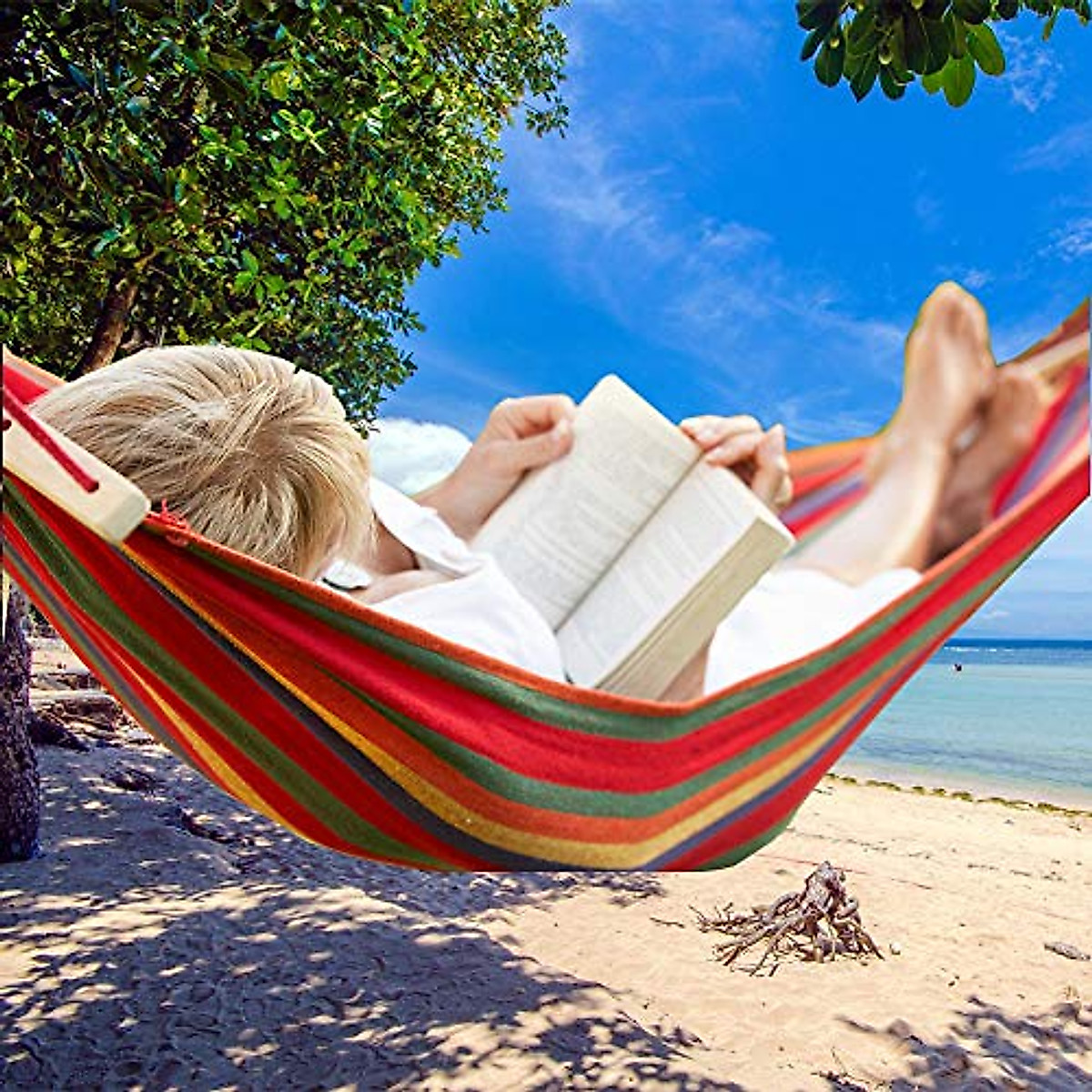 HappyGo Camping Hammock Canvas Fabric Hammock 550lbs with Anti Roll Balance Bar and Tree Strap Cotton Hammock for Camping, Backyard, Garden, Beach, Patio Gift