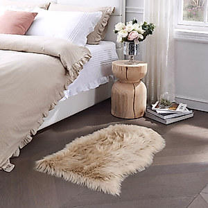 Small Faux Fur Rug 2x4 ft Ultra Soft Sheepskin Rug Chair Sofa Cover Seat Pad, Beige Fluffy Shag Rug for Bedroom Nursery Kids Room, Luxury Shaggy Rug Fuzzy Plush Floor Carpets