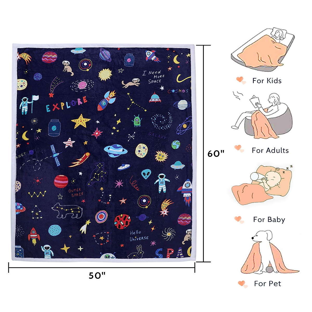 Space Adventure Astronaut Planet Rocket Spacecraft Throw Blanket Soft Lightweight Flannel Fleece Blanket for Baby Kids Youth Adult (Space, 50"x60")