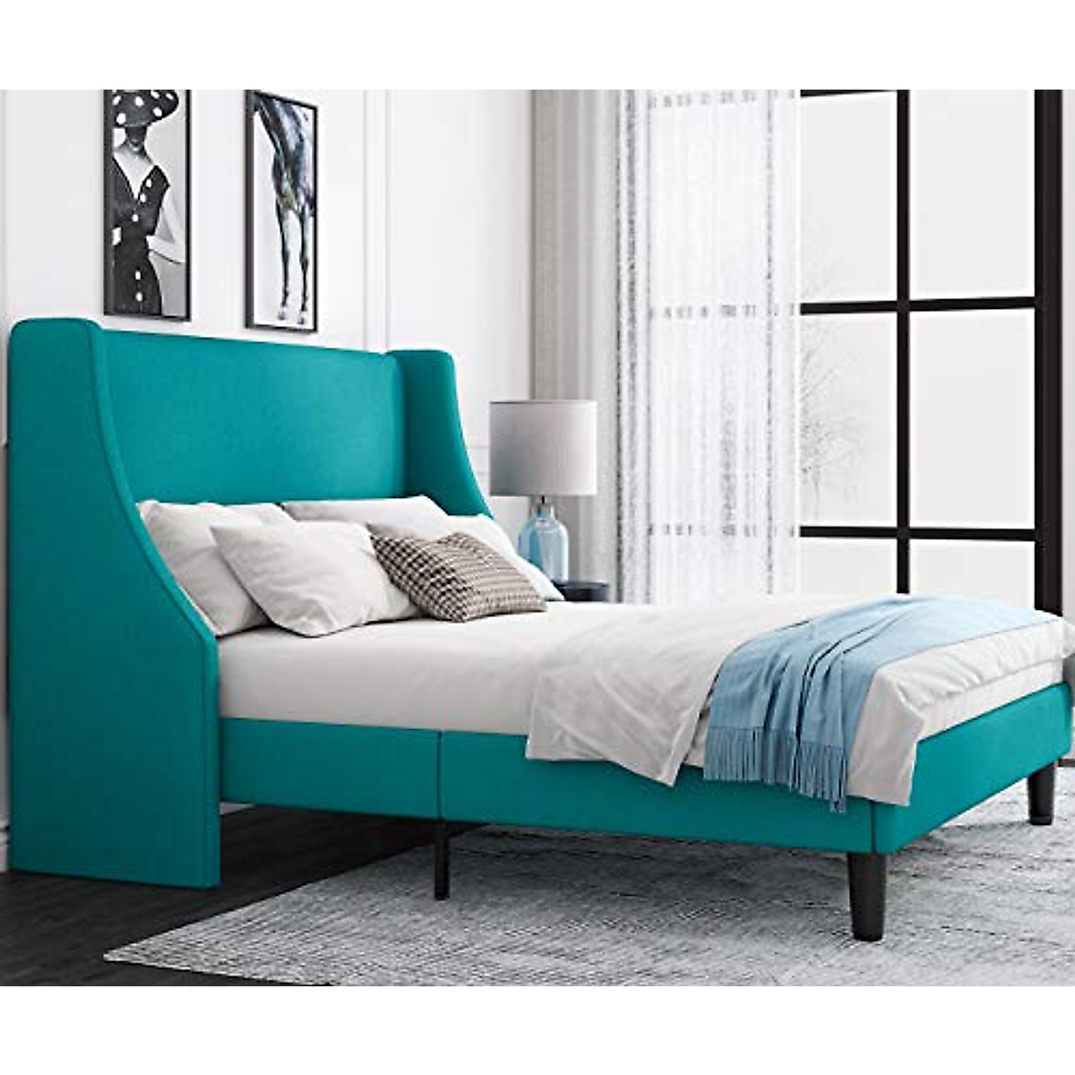 Allewie Full Size Bed Frame, Platform Bed Frame with Upholstered Headboard, Modern Deluxe Wingback, Wood Slat Support, Mattress Foundation, Peacock Green