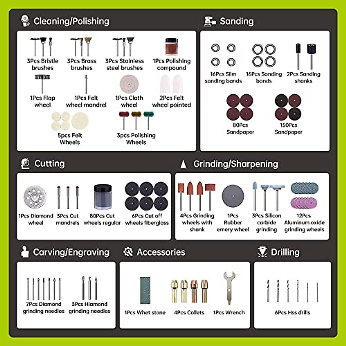 TARCHER Rotary Tool Accessories Kit 420pcs, 1/8", 3/32" and 1/16" Collets Shank Electric Grinder, Universal Fitment with Carrying Case for Cutting, Grinding, Sanding, Drilling, and Polishing