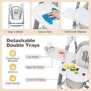 HONEY JOY 3 in 1 Baby Swings, Convertible Highchair for Babies and Toddlers, Compact Portable Infant Swing, Infant Booster Seat w/Double Tray, Music & Wheels, Easy Folding, Double Food Tray(Gray)