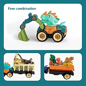 Dinosaur Truck Toys, 2 Pack Dinosaur Truck Carrier Playset with 11pcs Mini Dinosaur Figures, Dinosaur Transport Truck Playset Birthday Party Gifts for Kids