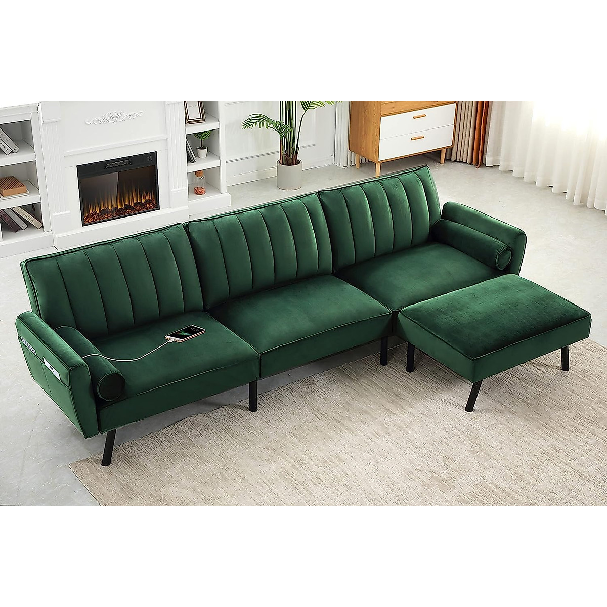 DURASPACE Velvet Sectional Convertible Sofa with Chaise, 106.5" L Shape Sectional Sofa Couch with USB, Split Back Folding Futon Couch for Living Room (Green)