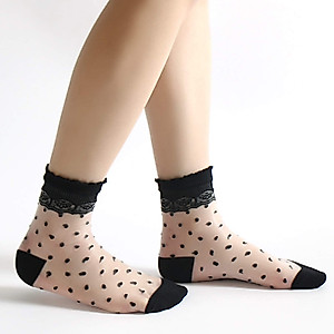 Cityelf 5 Pairs Ultra Thin Summer Socks Women Transparent Lace Elastic Silk Stockings Sheer Short Anklets (ONE SIZE FITS ALL, polka dot)