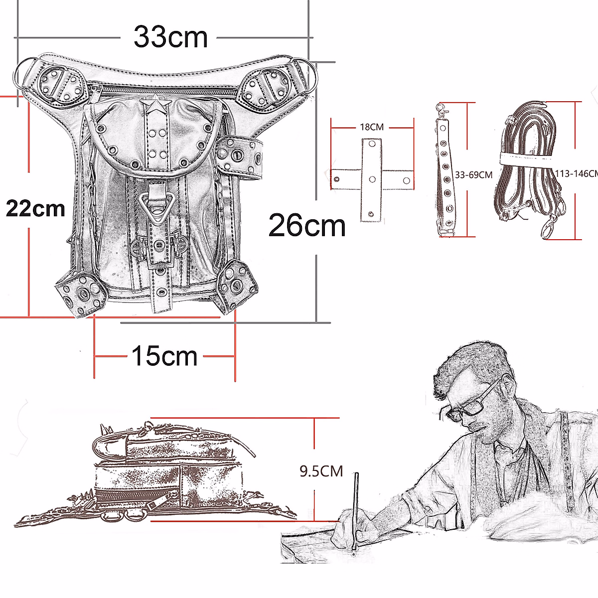 Steampunk Waist Bag Fanny Pack Fashion Gothic Leather Shoulder Crossbody Messenger Bags Thigh Leg Hip Holster Purse Travel Pouch Hiking Sport Chain Bags for Women Men