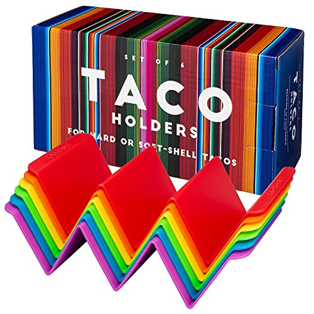 Taco Holders set of 6, Colorful Premium Taco Tray and Rack for Soft or Hard Taco Shells - Dishwasher and Microwave Safe, BPA Free and Sturdy, Multi-Colored