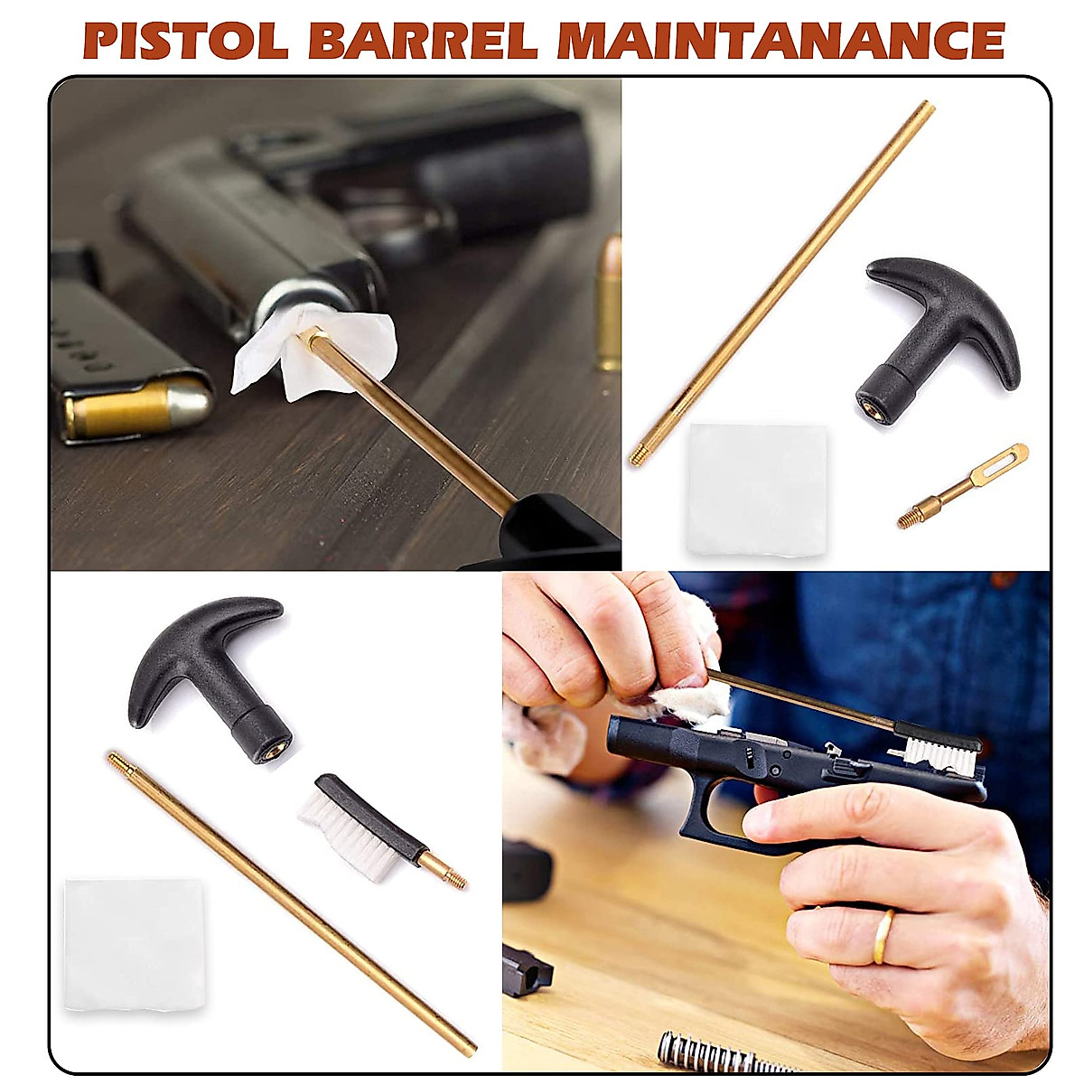 Gun Cleaning Kit 19 in 1 with Special 9mm Handgun Snake .22 .38 9mm .40 .45 Caliber Pistol Bronze Bore Brush and Brass Jag Adapter,100Pcs 3" Cotton Swabs Empty Bottle by DINGDOON