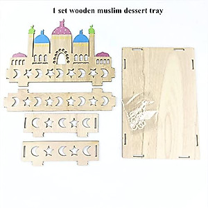 KYMY Wooden Eid Mubarak Dessert Tray,Muslim Rectangle Wooden Plate Tray for Islamic Ramadan Festival Party,Dessert Food Fruit Wooden Storage Tableware for Ramadan and EID Mubarak Decorations