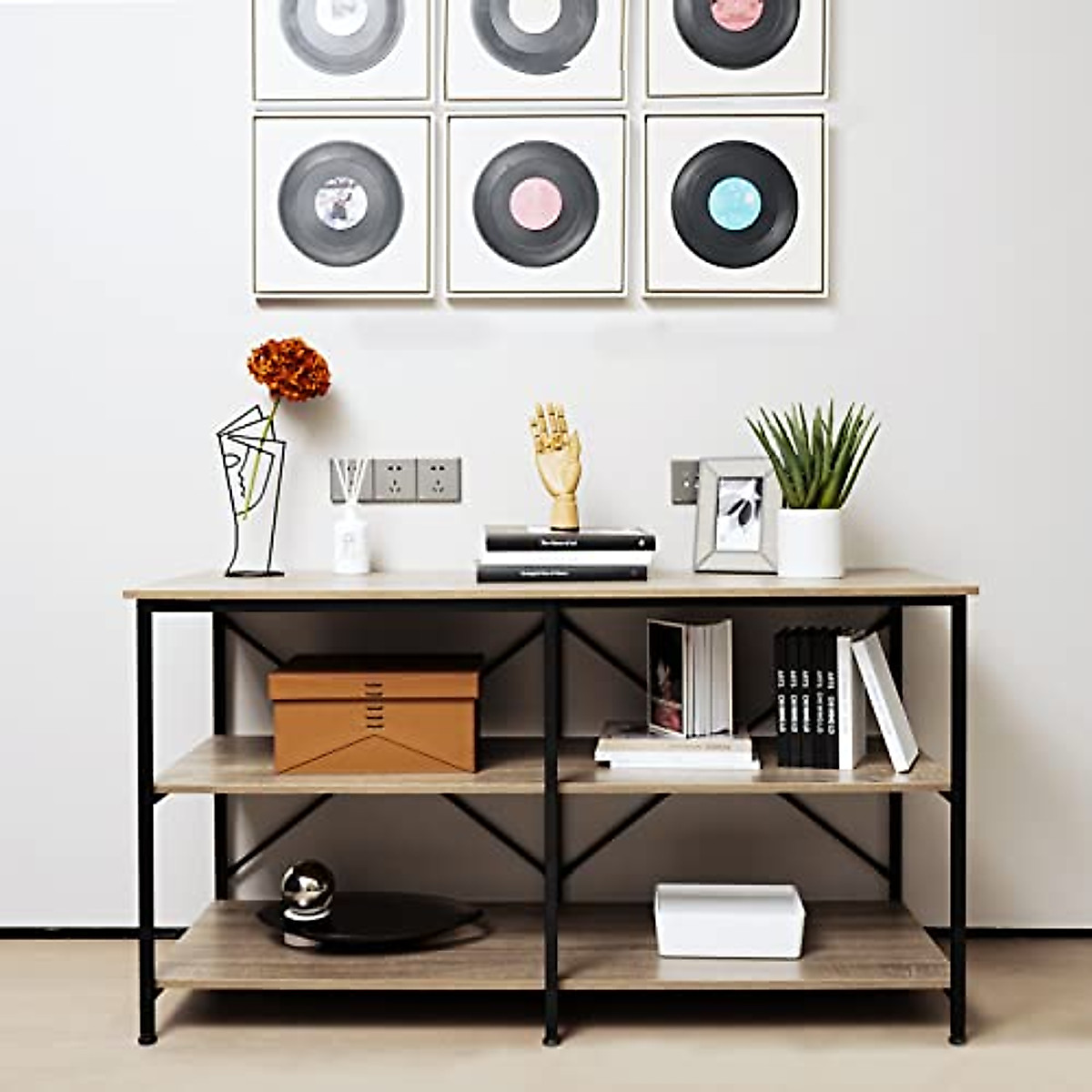 Vagowin 55 inch Sofa Console Table - 3-Tier Wood Hallway Table with Storage Industrial Rustic - Modern Entertainment Center with Shelf TV Stands, Farmhouse Side Table Bookshelf for Living Room, Grey