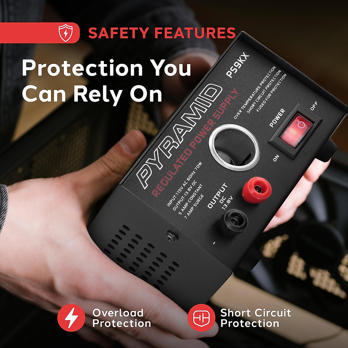 Pyramid PS9KX Universal Compact Bench Power Supply-5 Amp Linear Regulated Home Lab Benchtop Converter w/ 13.8 Volt DC 115V AC 70 Watt Input, Screw Type Terminal, 12V Car Cigarette Lighter