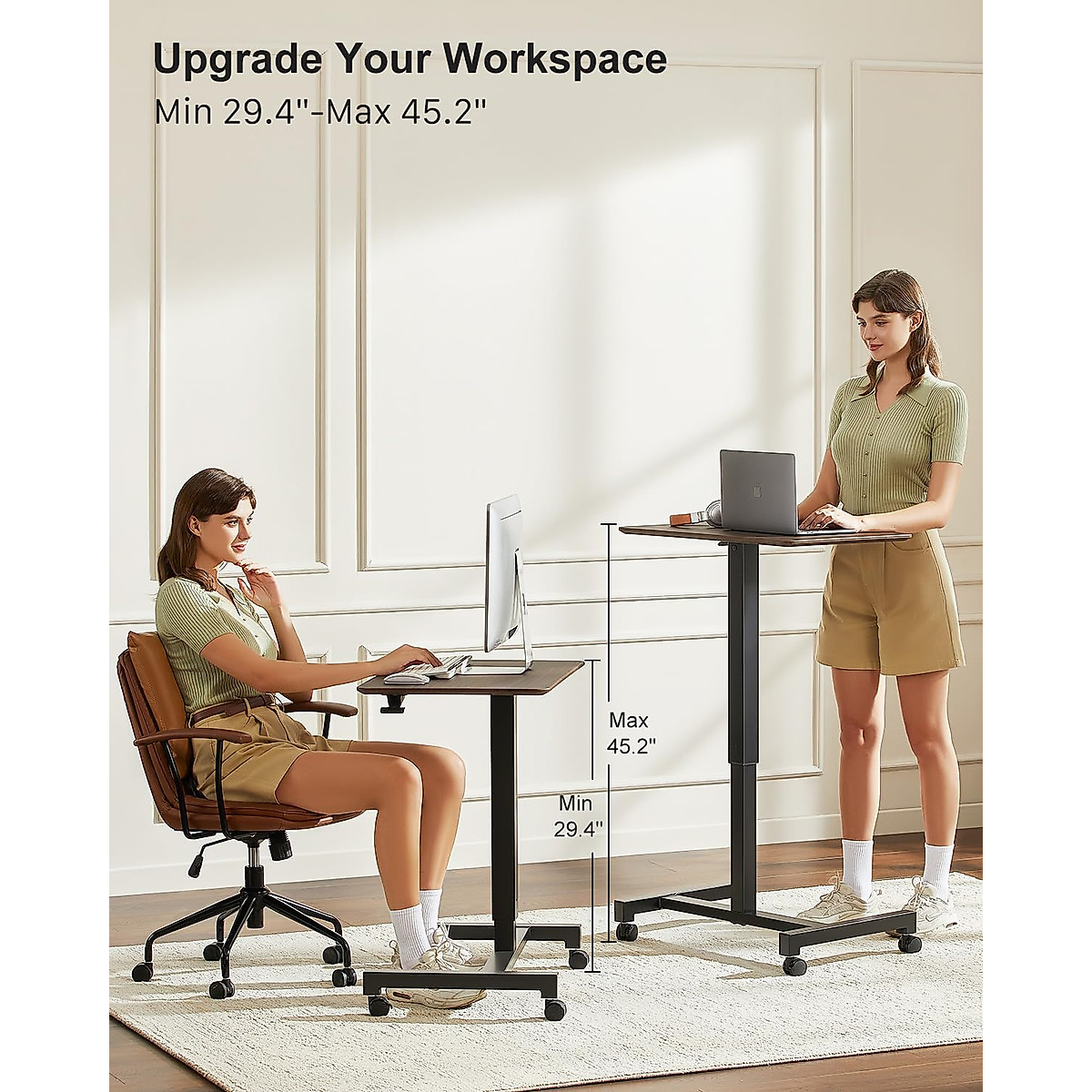 KINGSMITH Mobile Standing Desk 29.1 x 19 Inch Small Adjustable Desk Portable Desk Laptop Desk Support Up to 110IBS for Home Office (Walnut)