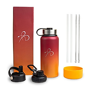 Bright Line Eating Signature B Logo 32oz Stainless Steel Water Bottle - Insulated, Dishwasher Safe, BPA Free, Includes 3 Lids, Orange Silicone Boot