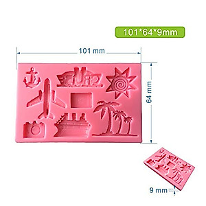 2Pcs/Set Summer Vocation Travel Fondant Molds, Seaside Holiday Silicone Mold for Cake Cupcake Decorating Polymer Clay Mould (Airplane Cruise Liner Camera Coconut Tree Sun Beach Slippers Swimsuit)