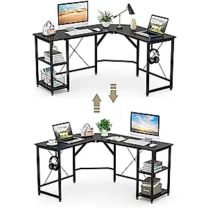 fukifuki L-Shaped Gaming Desk, 59.1" Corner Computer Office Desk, Writing Workstation,with Adjustable Shelves, Space-Saving, Easy to Assemble (Black)