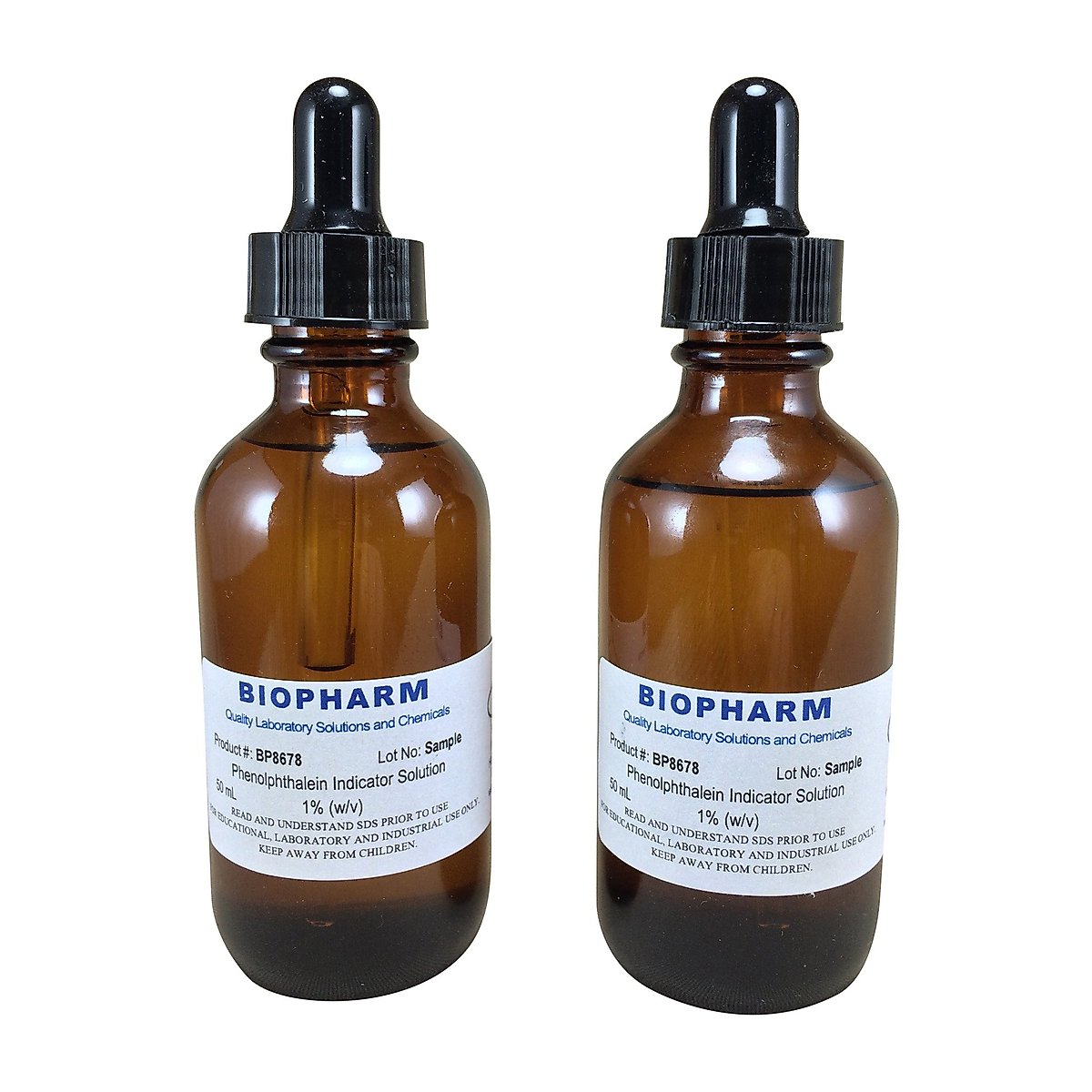 Phenolphthalein pH Indicator 1% Solution — 2 Dropper Bottles (2 oz) Each containing 50 mL of Solution