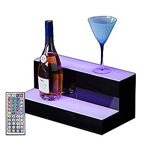 SUNCOO LED Lighted Liquor Bottle Display 16 Inch 2 Step Illuminated Bar Bottle Shelf 2 Tier Cimmercial Home Bar Bottle Display Drinks Lighting Shelves Home Bar Lighting with Remote Control