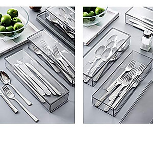 AIYoo Transparent Flatware Tray Kitchen Drawer Organizer With Lid - Plastic Kitchen Cutlery Tray and Utensil Silverware Storage Container with Cover - Dinnerware Holder for Camper Picnic