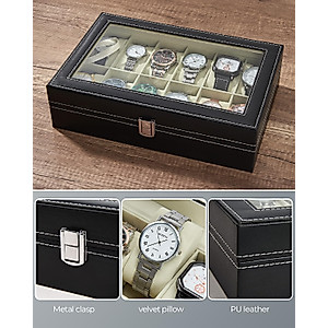 Ohuhu Watch Case, 12 Slot PU Leather Real Glass Lid, Watch Box Watch Holder Organizer Display Storage Box Soft Velvet Jewelry Box for Men and Women Birthday
