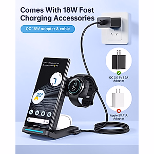 Houflody 3 in 1 Foldable Wireless Charging Station for Google Pixel Watch 1, Pixel Buds Pro and Google Phones Fold/8 Pro/8/7 Pro/7a/7/6 Pro/6/5/4/3/XL, Wireless Charger with QC 18W Adapter, Black