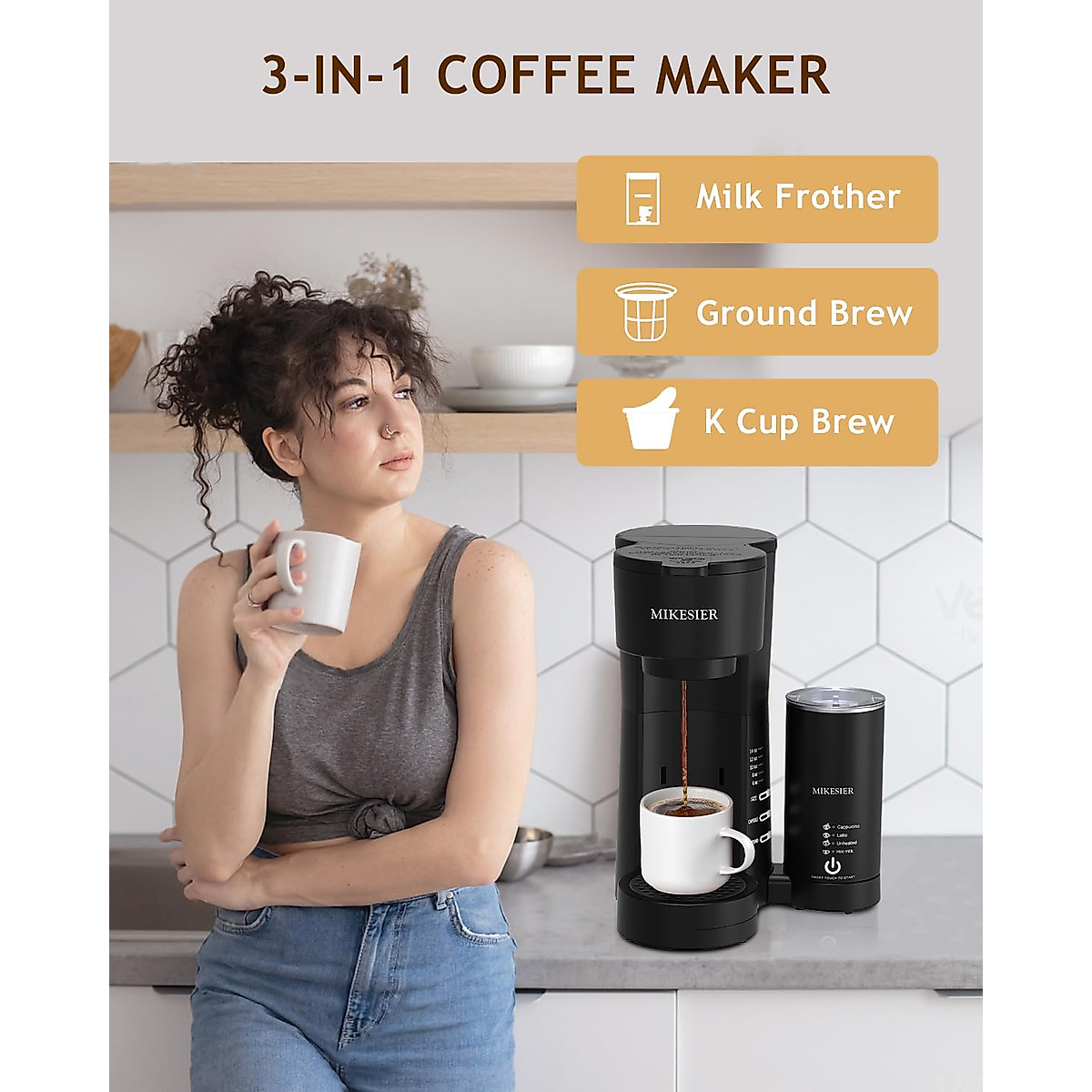 MIKESIER 3IN1 Single Serve Coffee Maker for K Cup & Ground, Small Coffee Machine with Milk Frother, 6-14oz Brew Size, 28oz Water Tank, Adjustable Drip Tray