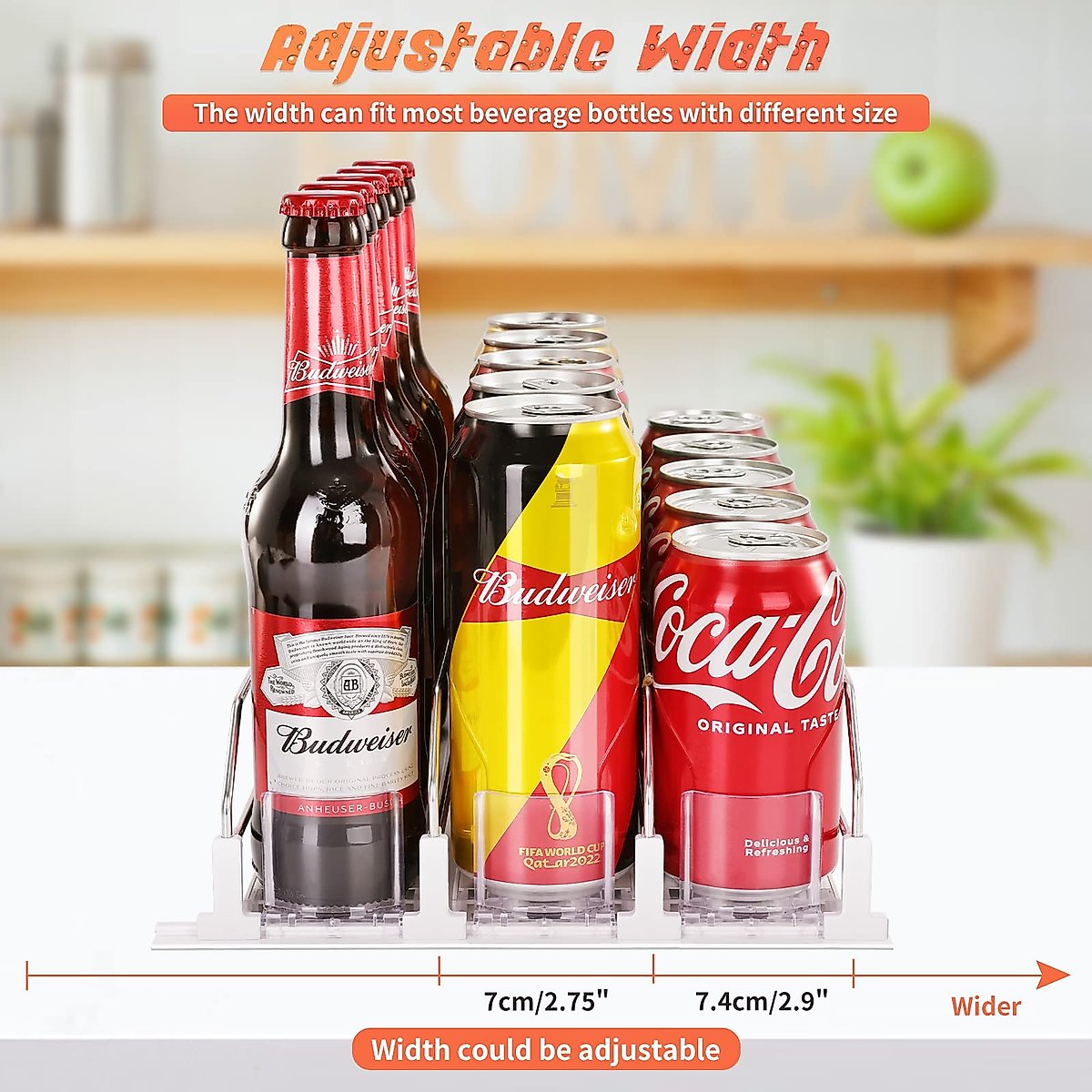 Drink Organizer for Fridge, Self-Sliding Soda Can Organizer for Refrigerator and Adjustable Width, 12oz 16oz 20oz drinks can be accommodated, up to 40+ Cans（5+3 ROWS）