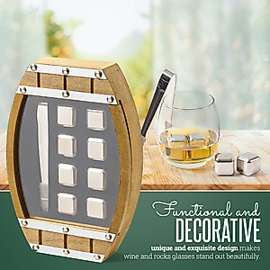 Whiskey Stone Gift Set - 8 Pieces Stainless Steel Cubes in Wooden Barrel Box Display Includes Reusable Stones, Felt Bag & Tongs - Keep Drinks Cold for Scotch, Beer, Wine, Cocktails for Women & Men