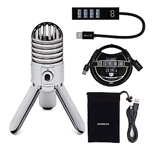 Samson Meteor Mic USB Studio Condenser Microphone with Mute Switch for Windows and Mac (Chrome) Bundle with Blucoil 3-FT USB 2.0 Type-A Extension Cable, and Mini USB Type-A Hub with 4 USB Ports