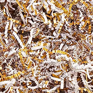 Kolewo4ever 1LB Crinkle Cut Paper Shred Filler Gold White Paper Shreds Filler Raffia Paper Shreds Strands Grass Stuffer Shredded Crinkle Confetti for Packing Filler Gift Wrap Basket Filler