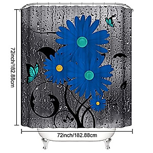 ALEXEX 4Pcs Blue Daisy Shower Curtain Sets with Non-Slip Rugs, Toilet Lid Cover and Bath Mat, Floral Butterfly Bathroom Decor Set Accessories Waterproof Shower Curtains with 12 Hooks, 72 x 72 Inch