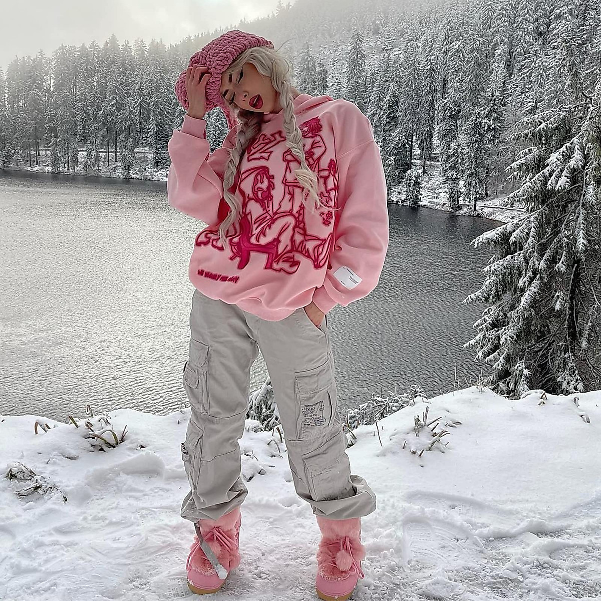 Y2k Hoodie for Women Men Fashion Carton Hoodie Retro Vintage Casual Hip Hop Long Sleeve Halajuku Sweatshirt Pink