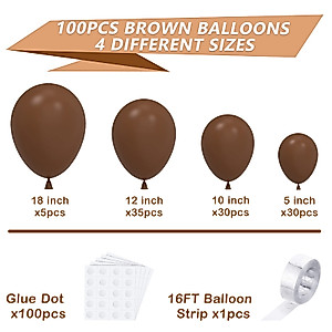 YAOWKY 100PCS Brown Balloons Different Sizes 18 12 10 5 Inches,Matte Coffee Brown Latex Balloons Garland Arch Kit with Glue Dot and Strip for Birthday Weddings Anniversary Graduation Party Decorations