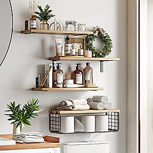 Fixwal 4+1 Tier Floating Shelves, Rustic Wood Wall Shelf, Bathroom Shelves Over Toilet with Wire Storage Basket, Farmhouse Wall Decor for Bedroom, Kitchen, Living Room and Plants (Rustic Brown)