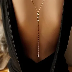 Lysee Body Jewelry - women Long Necklace Body Chain Bare Back Gold crystal Rhinestone Pendant chain necklace backdrop beach body jewelry - (Metal color: Gold-color, Main Stone Color: White)