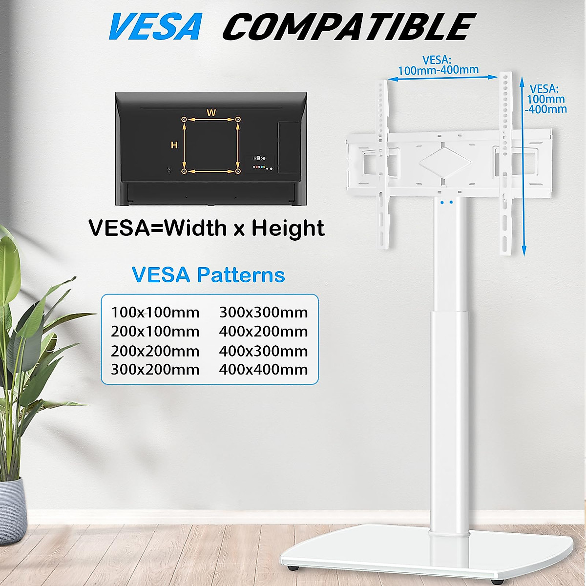 YOMT Floor TV Stand with Swivel Mount, Universal TV Stand for Most 27-65 Inch LED LCD OLED Flat Panel or Curved Screen TVs, Height Adjustable Narrow TV Stand for Bedroom Small Space, White