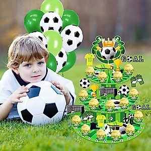 25 PCs Soccer Cupcake Stand 3-Tier and Soccer Cupcake Topper Set, Fiesec Soccer Theme Party Supplies Cardboard Dessert Tower Holder Round Serving Stand Holder Sports Ball