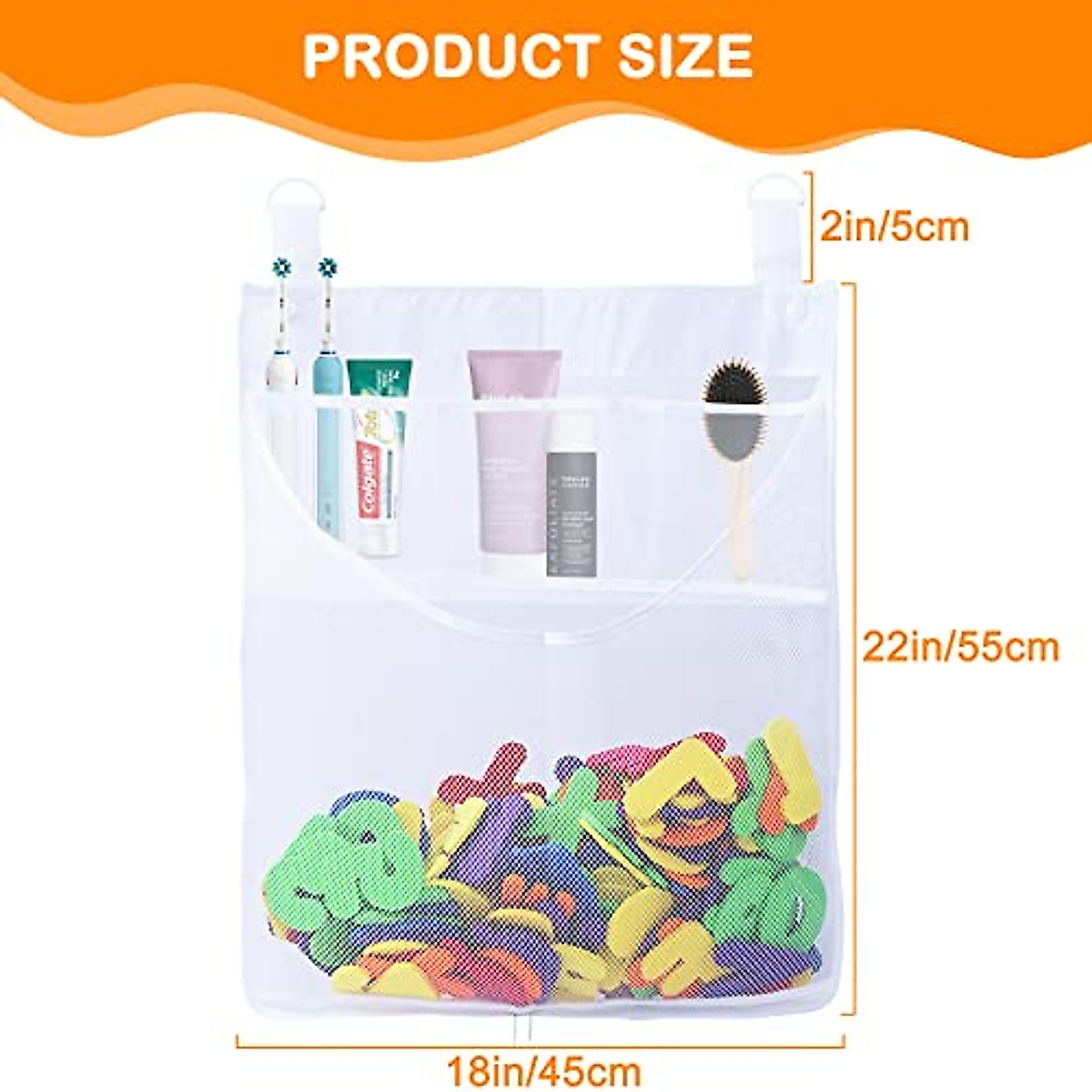 Baby Bathtub Toy Storage Mesh Bath Toy Organizer with Zipper Extra Large Opening Three Pocket with 4 Self-Adhesive Hooks and 4 D-Rings,Multi-Use Home Storage Bag Christmas Storage(1 Large, White)