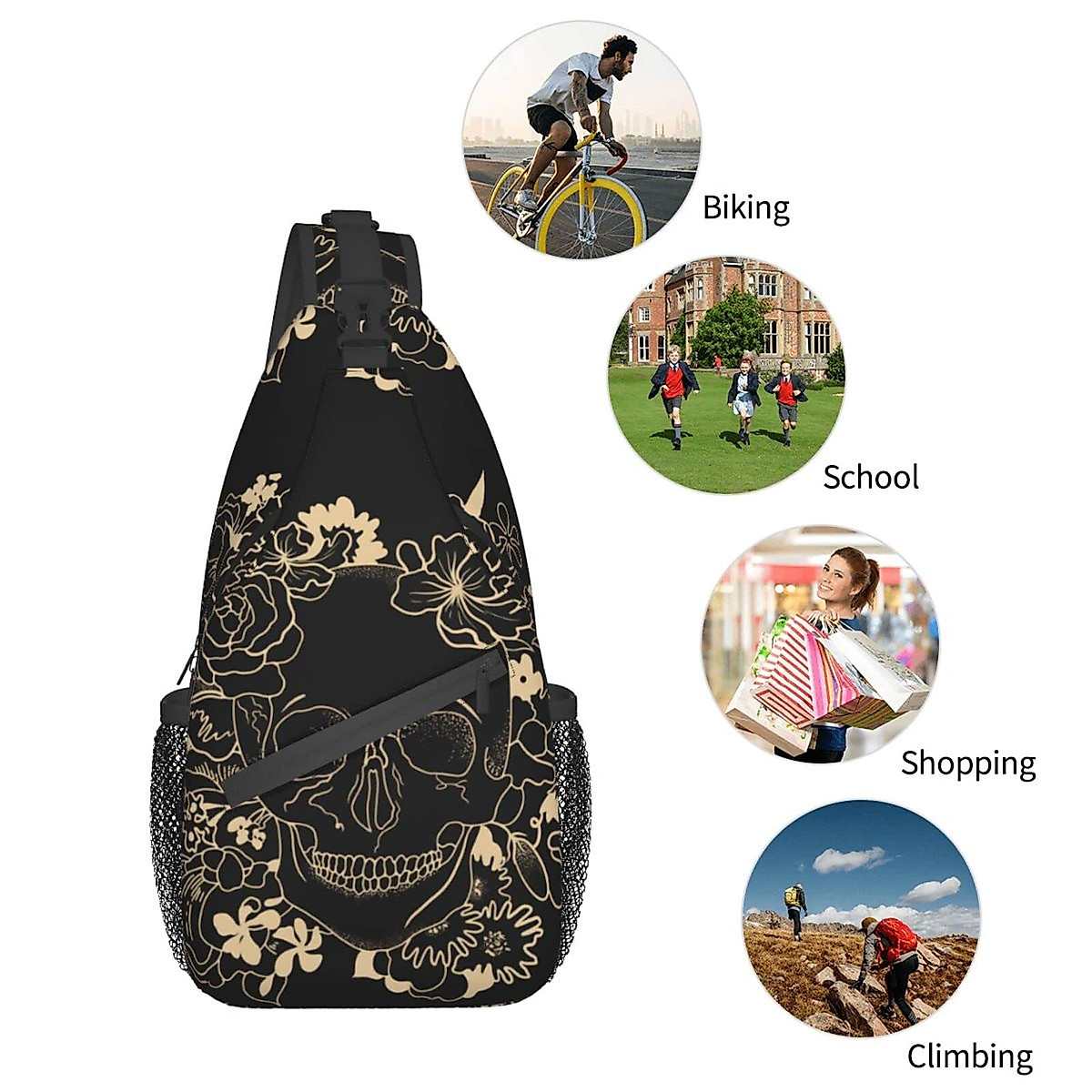 Yrebyou Skull Sling Bag For Travel Crossbody Shoulder Backpack For Women Men Chest Daypack For Traveling Hiking Outdoor