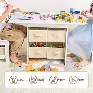 Vilaxing Kids Table and Chair Set (2 Chairs Included), Wooden Toddler Table and Chairs Set with 6 Storage Bins Boxes, Children's Furniture, Water Resistant, Easy to Clean, Gift for Boy & Girl, White
