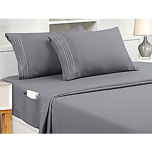 Utopia Bedding Queen Sheet Set – Soft Microfiber 4 Piece Luxury Bed Sheets with Deep Pockets - Embroidered Pillow Cases - Side Storage Pocket Fitted Sheet - Flat Sheet (Grey)