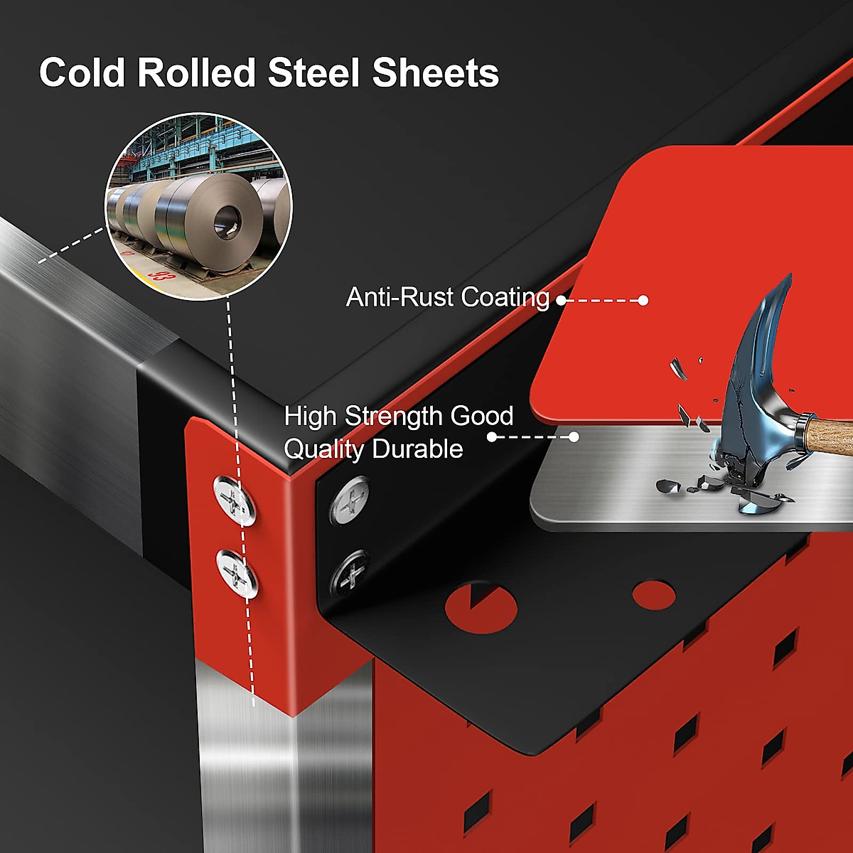 ZFULVO 3-Tier Rolling Tool Cart with Lockable Swivel Wheels, Tool Board, and Multi-Purpose Hooks - Supports up to 600 lbs - Ideal for Mechanics, Garages, Warehouses and Repair Shops.