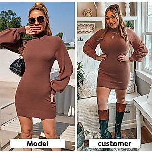 EXLURA Womens Mock Neck Puff Long Sleeve Bodycon Pullover Cute Mini Sweater Dress Caramel