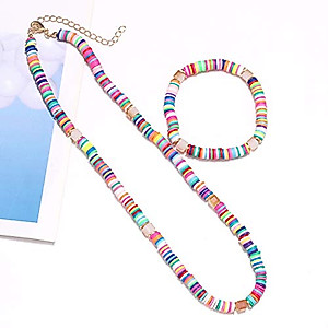 ARATLENCH Heishi Surfer Necklaces Bracelets –Colorful Vinyl Disc Beads Love Necklace Boho Rainbow Stack Stretch Friendship Bracelet Necklaces Set for Women