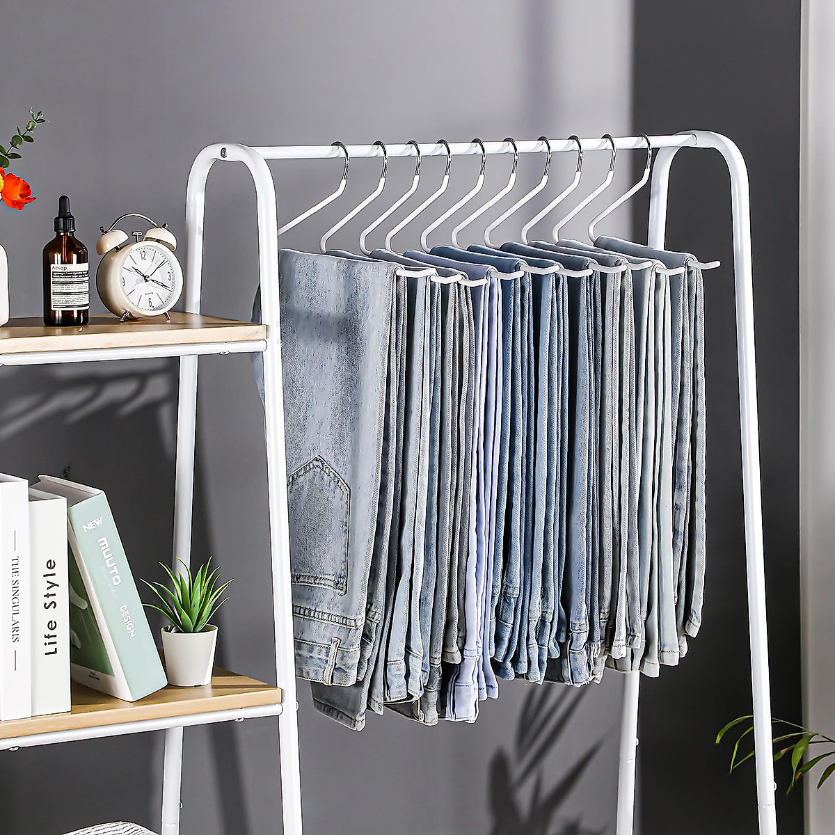 JOYBOS Pants Hangers Space Saving - 30 Pack Open Ended Hangers for Pants - Scarf Organizer Hanger for Closet - Metal Non Slip Jean Hanger - White Pant Hangers for Jeans,Trouser,Leggings,Slacks