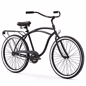 sixthreezero Around The Block Men's Beach Cruiser Bike, Single Speed Step-Through Touring Hybrid Bicycle with Rear Rack, 26 Inch Wheels, Matte Black