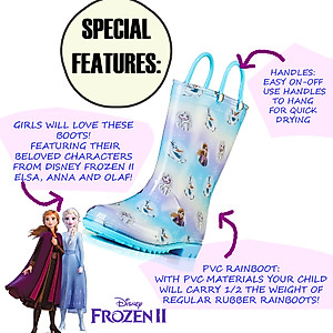 Disney Frozen 2 Girls Anna, Elsa and Olaf Pink PVC Waterproof Licensed Rain Boots Easy-On Handles - Size 8 Toddler